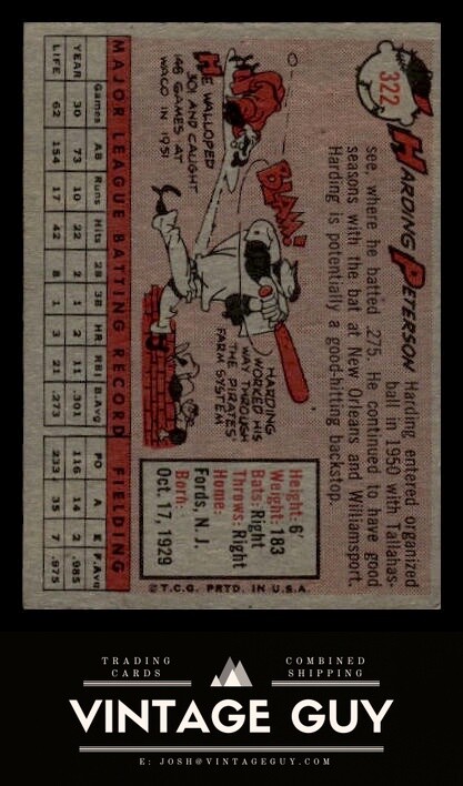 1958 Topps #322 Harding Peterson RC Vintage Pittsburgh Pirates Baseball ...