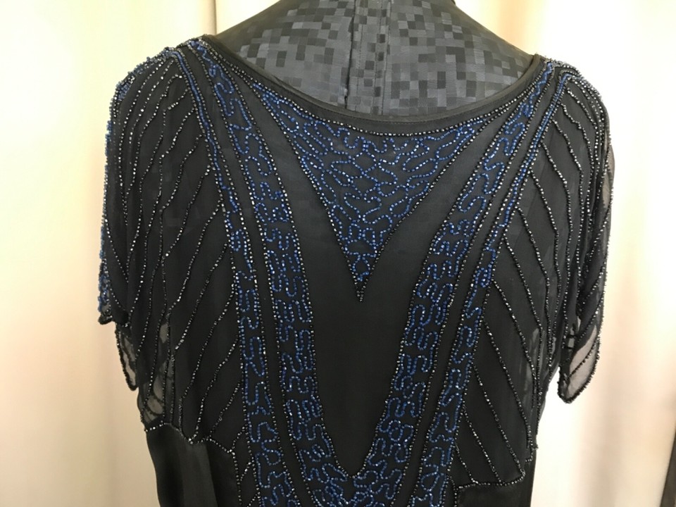 Art Deco original unique black satin flapper dress with intricate bead ...