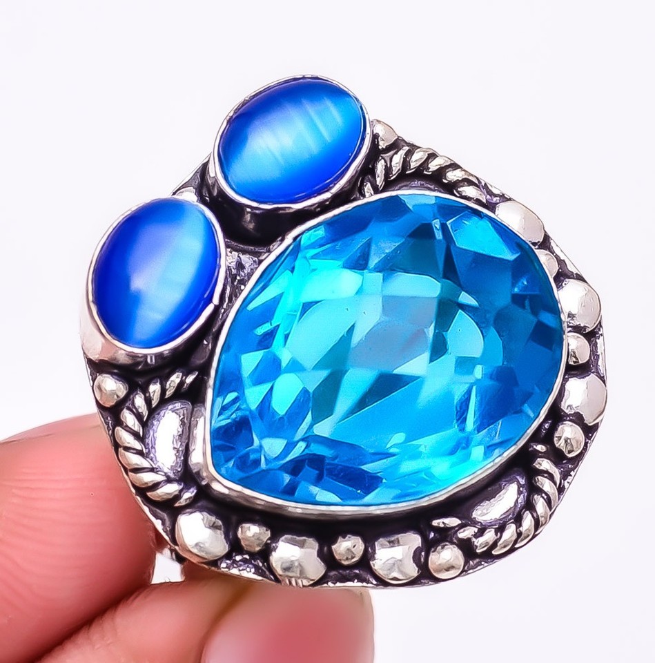 Blue Topaz & Cat'S Eye Gemstone Handmade Antique Design Jewelry Ring s ...
