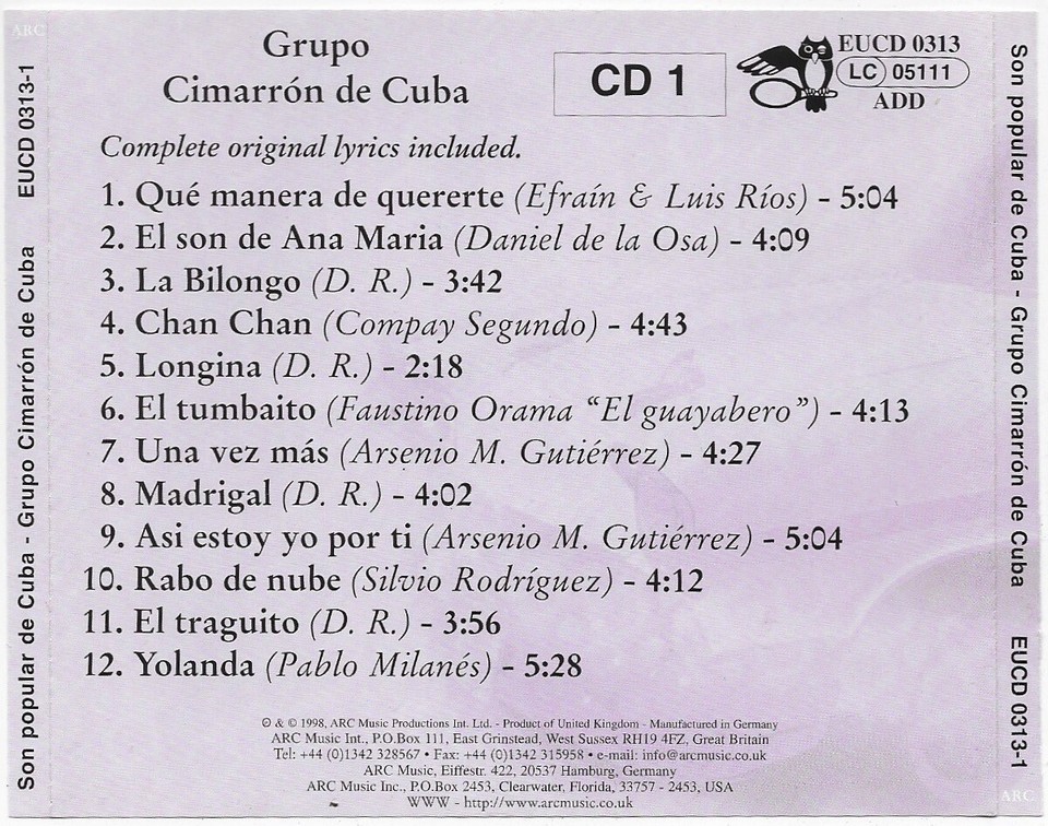 IMPORT! La Musica Cubana 1999 CD Son Popular De Cuba! Grupo Cimarron de ...