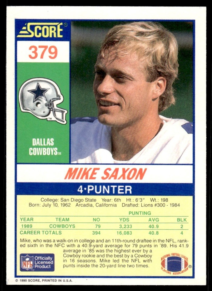 1990 Score Football Card Mike Saxon Dallas Cowboys #379 | eBay