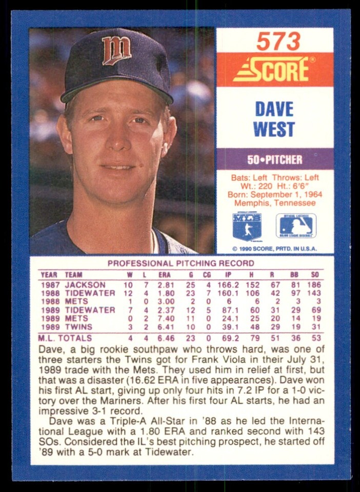 1990 Score Dave West Baseball Cards #573 | eBay