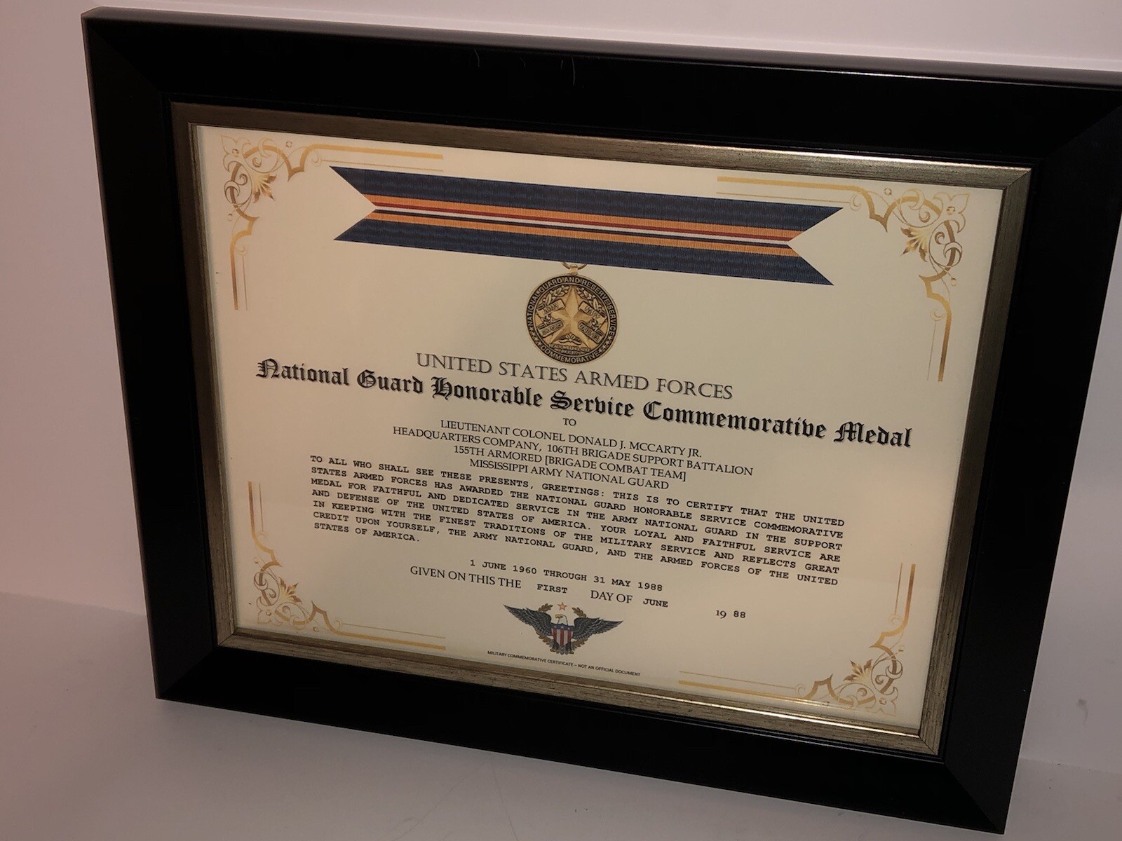 NATIONAL GUARD HONORABLE SERVICE COMMEMORATIVE MEDAL CERTIFICATE ~ Type ...