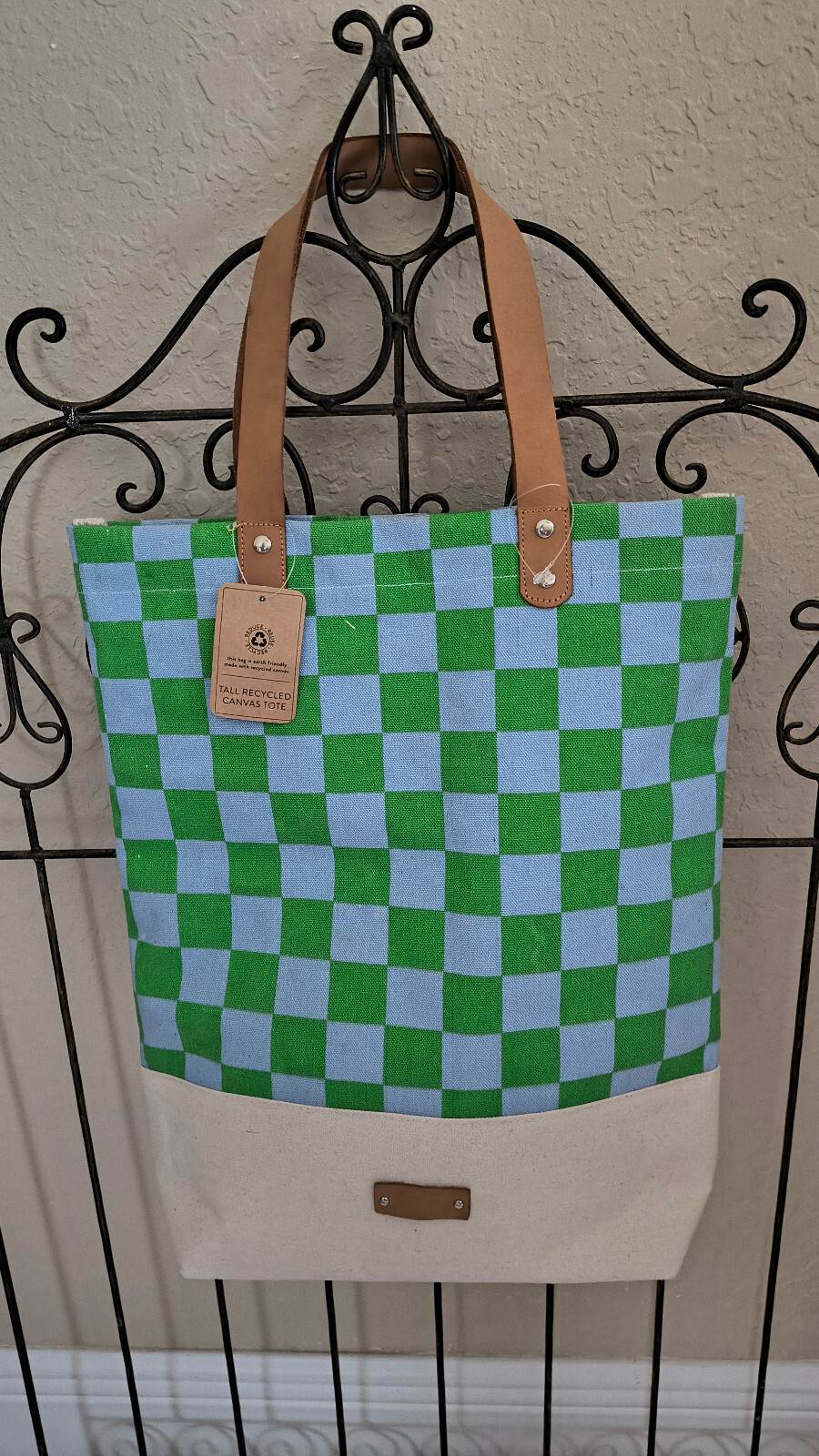 ECCOLO CANVAS TOTE Leather Handles Checkered Blue Green Beachy UNISEX ...