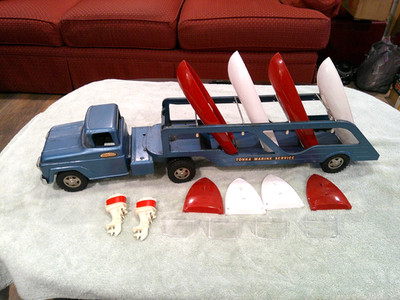 Vintage Tonka Marine Service Boat Hauler Truck W/ Boats Motors Pressed ...