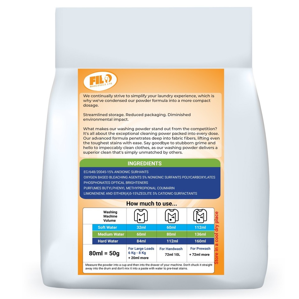 FILO Non Bio Washing Powder 10kg Sack 500+ Washes Washing Powder ...