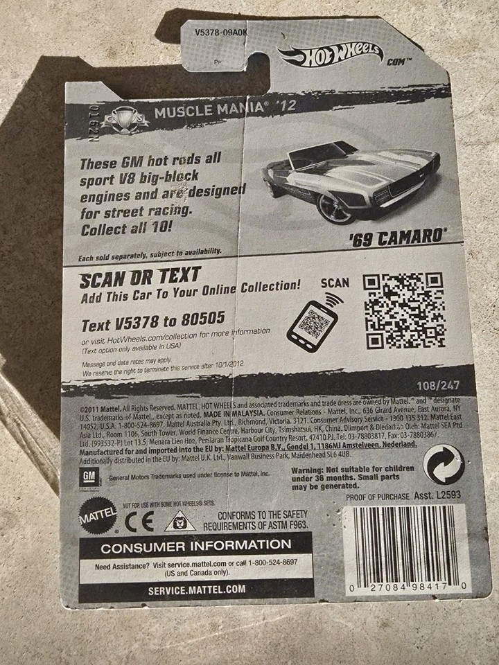 2012 Hot Wheels '69 Camaro HW Muscle Mania 108/247 Super Treasure Hunt ...