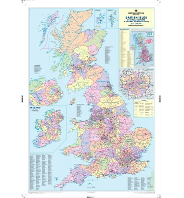 UK Wall Map –Laminated Large Map - Counties, District, Postcode Areas ...