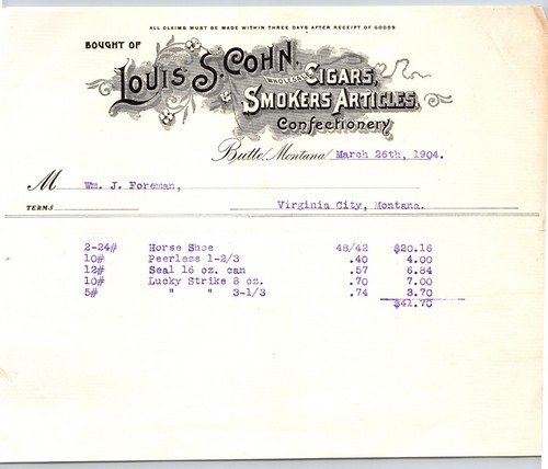 Louis S. Cohn Cigars Smokers Articles Confectionary 1904 Butte, MT ...