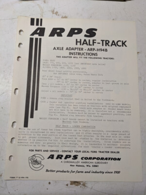 ARPS TRACTOR HALF-TRACK AXLE ADAPTER INSTRUCTION PART LIST H94B FORD ...