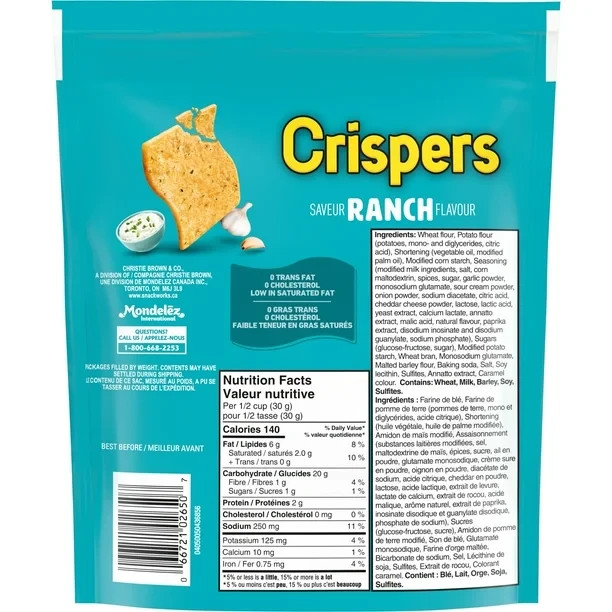 4 Bags of Christie Crispers Ranch flavored Crackers 145g /5.1 oz Each ...