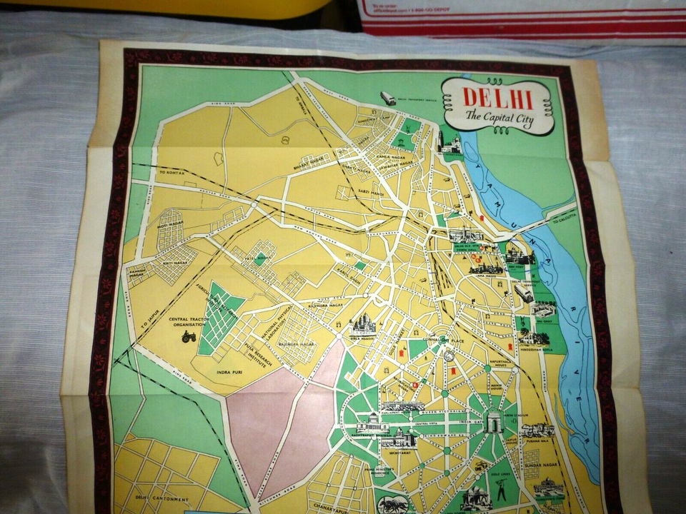 VINTAGE ILLUSTRATED MAP MAPS DELHI HOSPITALS CLUBS CINEMAS AIRLINES ...