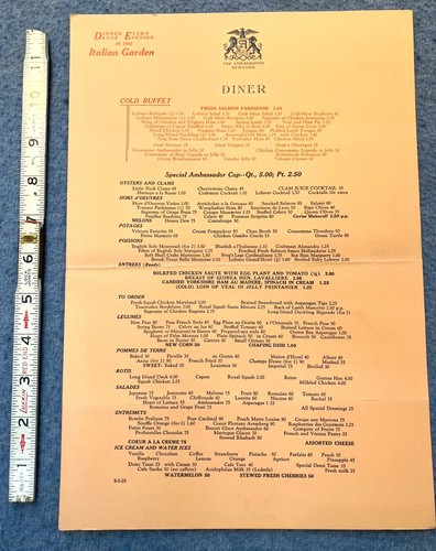 Menu THE AMBASSADOR atlantic city NJ italian garden | eBay