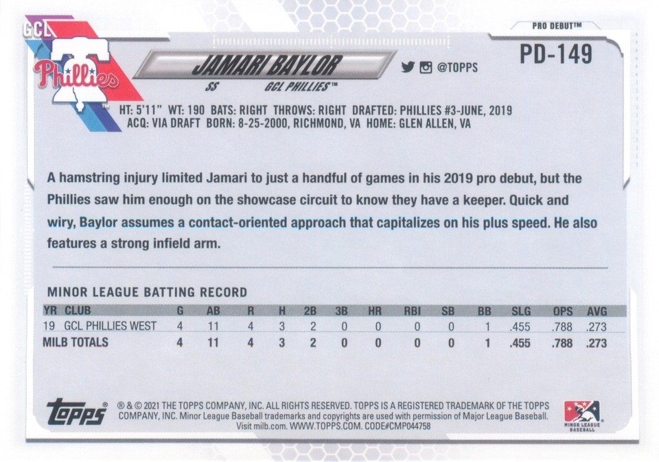 Jamari Baylor RC 2021 Topps Pro Debut MiLB Baseball Rookie Card #PD-149 ...