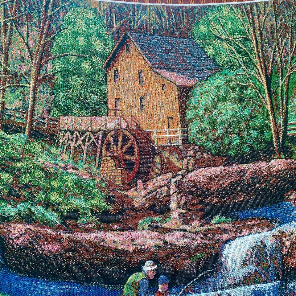 Vintage Woven Throw Old Mill Fishing Scene Father & Son Tapestry ...