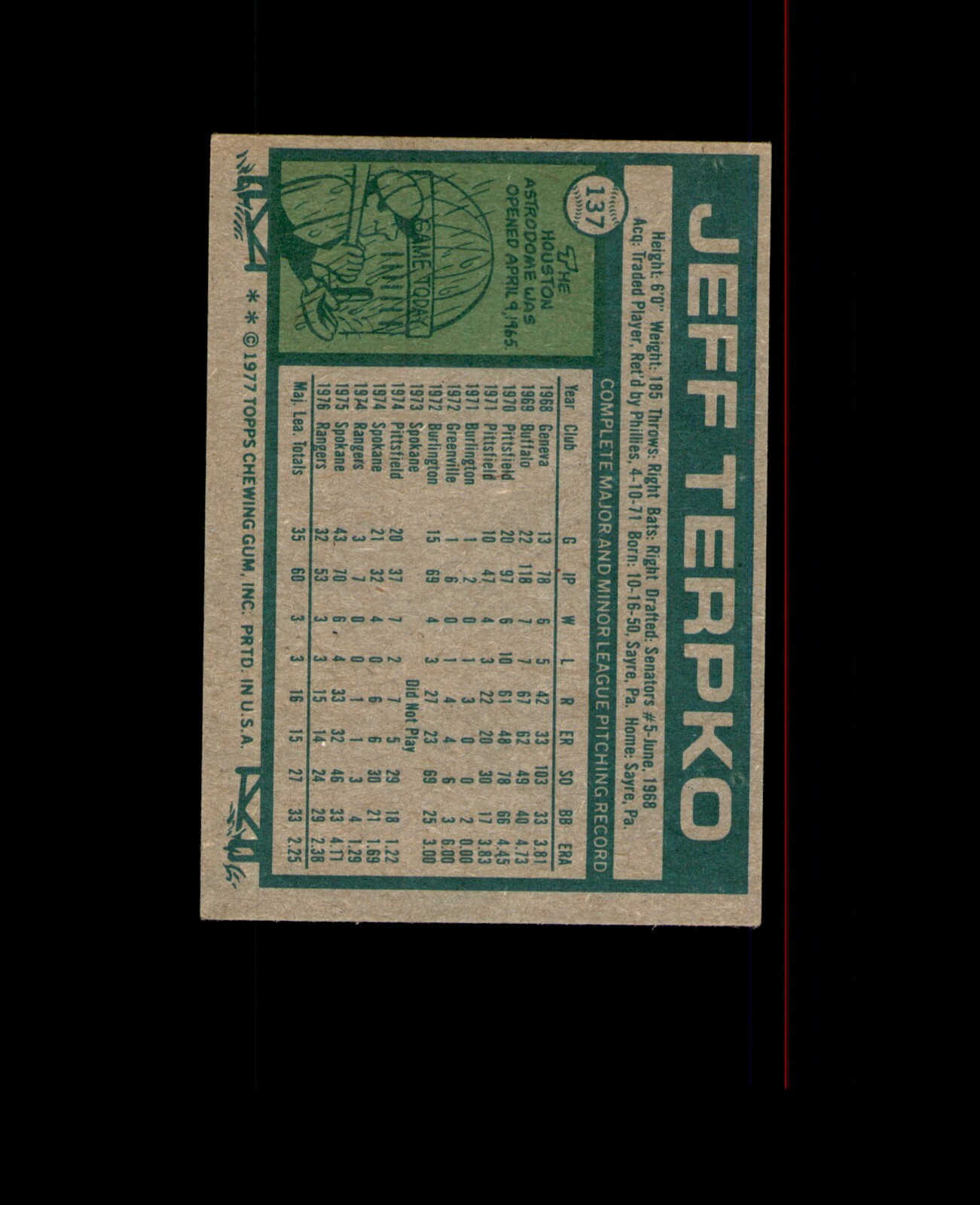 JEFF TERPKO SIGNED TOPPS BASEBALL CARD AUTO 1977 #137 TEXAS RANGERS | eBay
