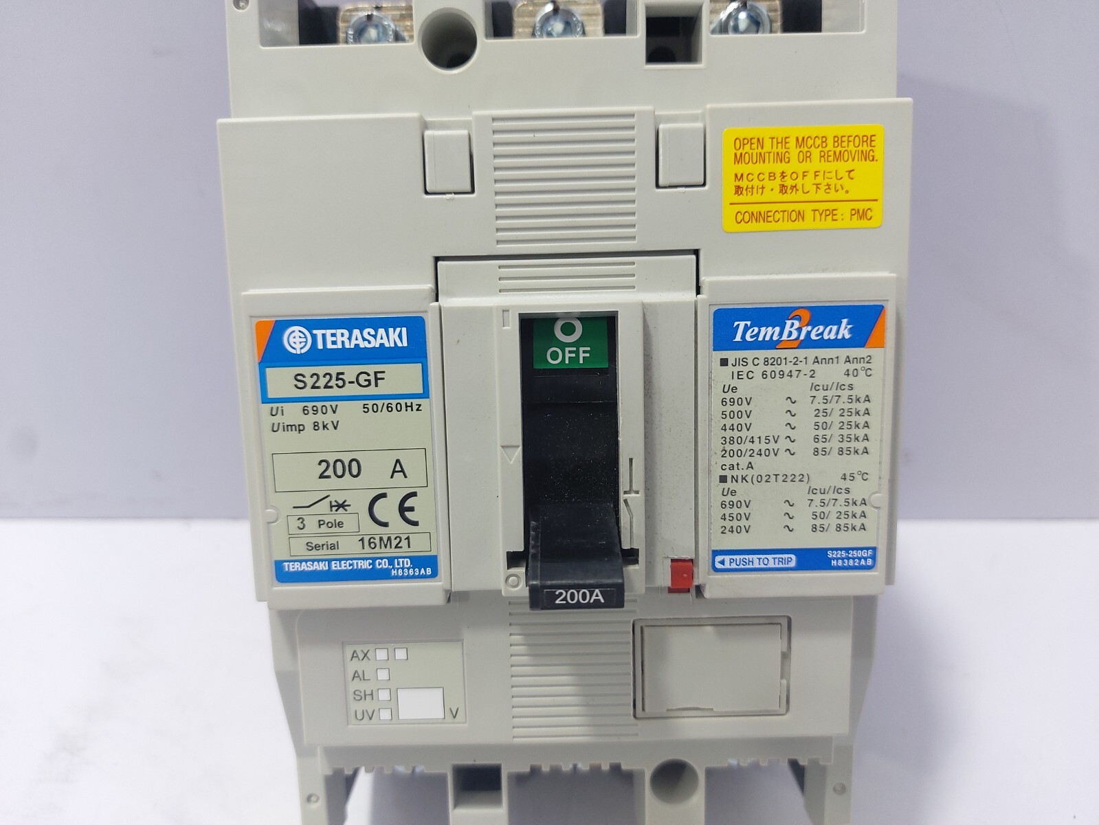 Terasaki Electric S225-GF TemBreak Circuit Breaker 3P 200A PMC 50/60Hz ...