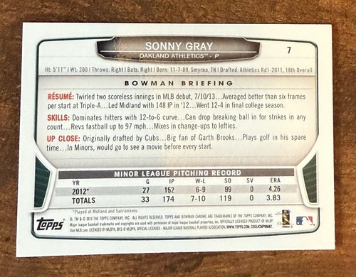 2013 Bowman Draft Picks & Prospects Chrome #7 Sonny Gray Rookie Oakland ...