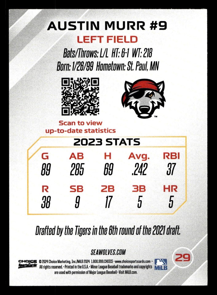 Austin Murr 2024 Choice Erie SeaWolves #29 Erie Seawolves | eBay