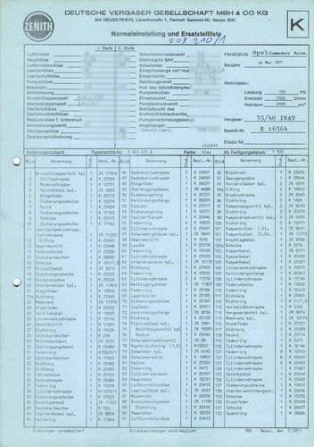 Datenblatt Einstelldaten Zenith INAT Vergaser - Opel Commodore Autom ...
