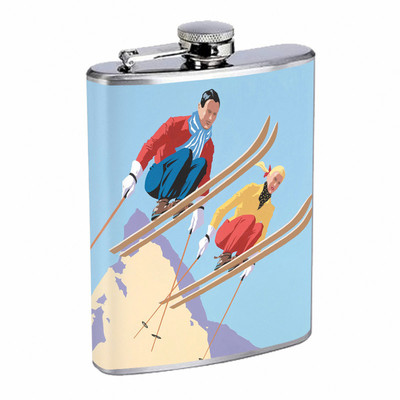 Vintage Skiing Skier Skis D29 Flask 8oz Stainless Steel Hip Drinking ...