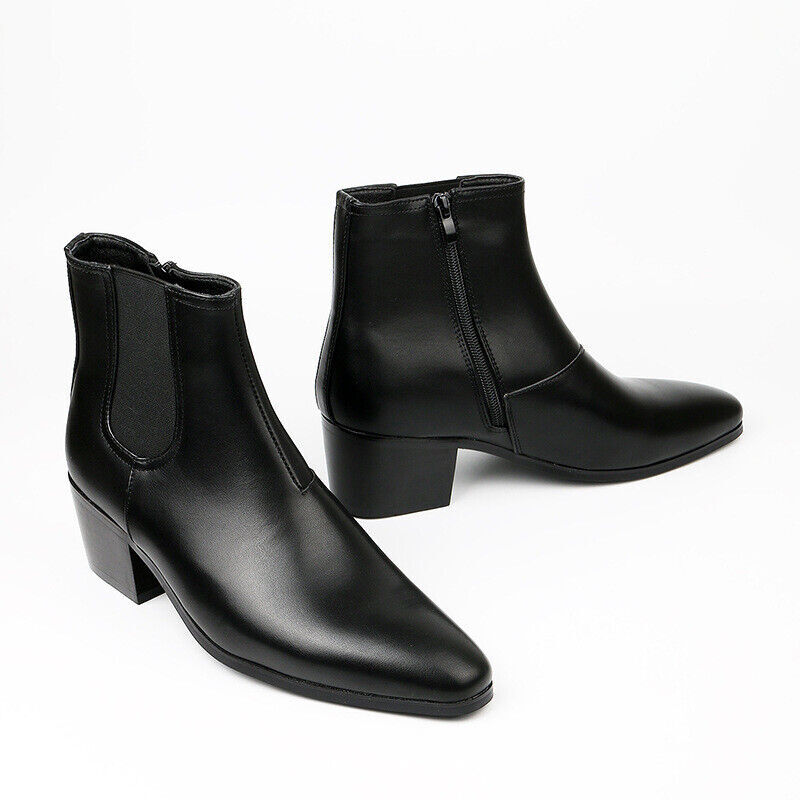Men's Pointed Toe Chelsea Boots Cuban Heels High Top Formal Dress Ankle ...