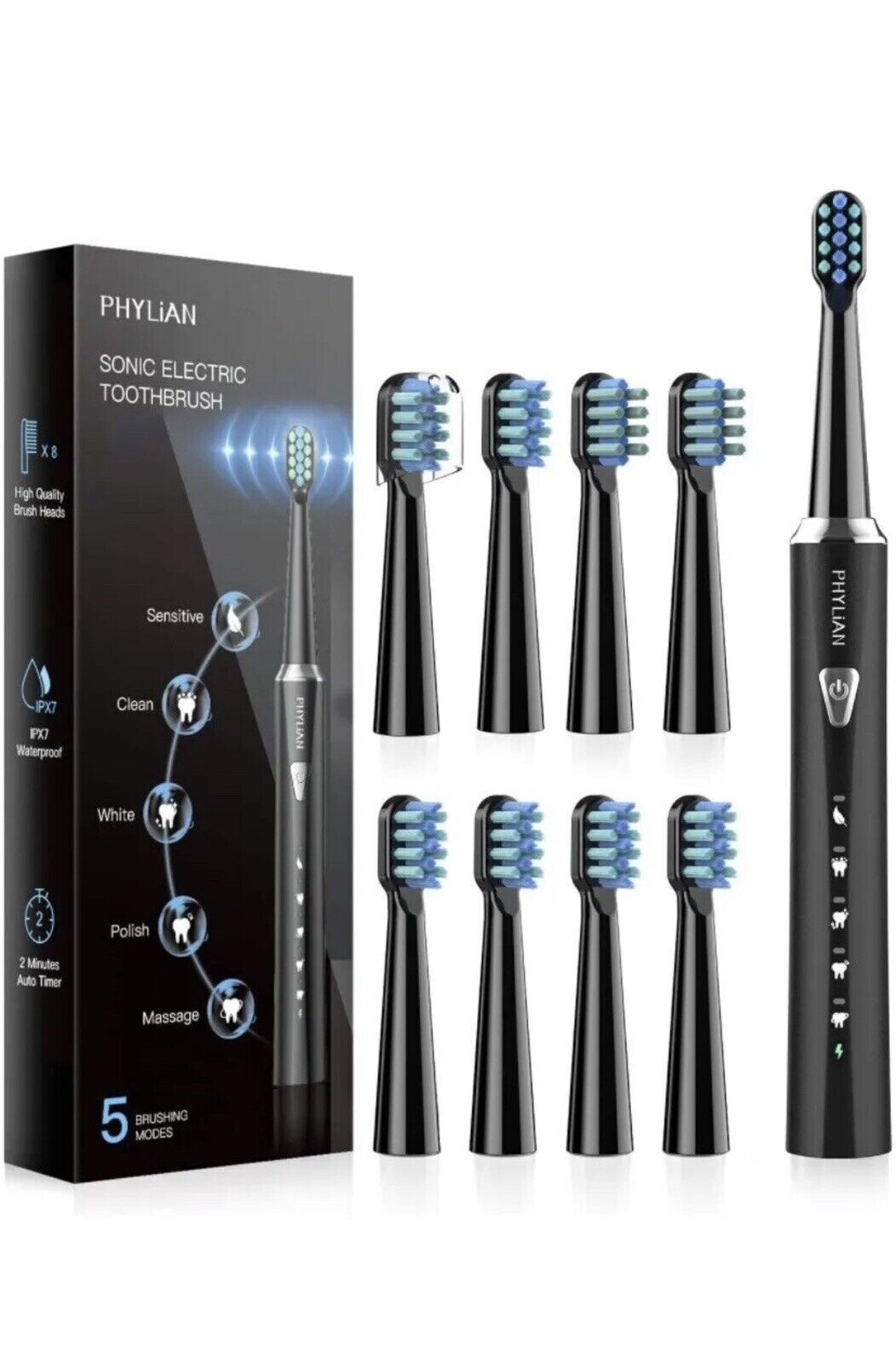 Phylian Sonic Electric Toothbrush Oral Black 8 heads 5 Modes ...