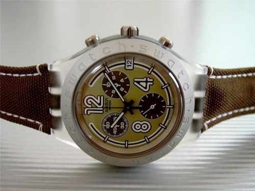 JUNGLE WIND! Swatch DIAPHANE IRONY CHRONO w Leather Band, Glow Tips ...