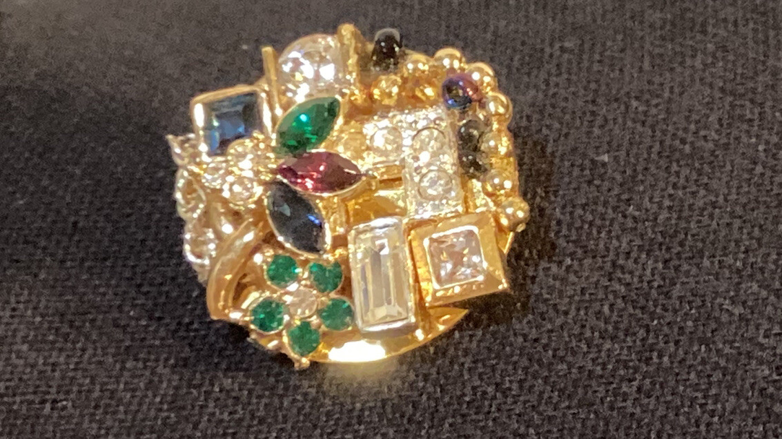 Vintage Small Round Pin Artisan Vintage Elements Rhinestone Multi Color ...