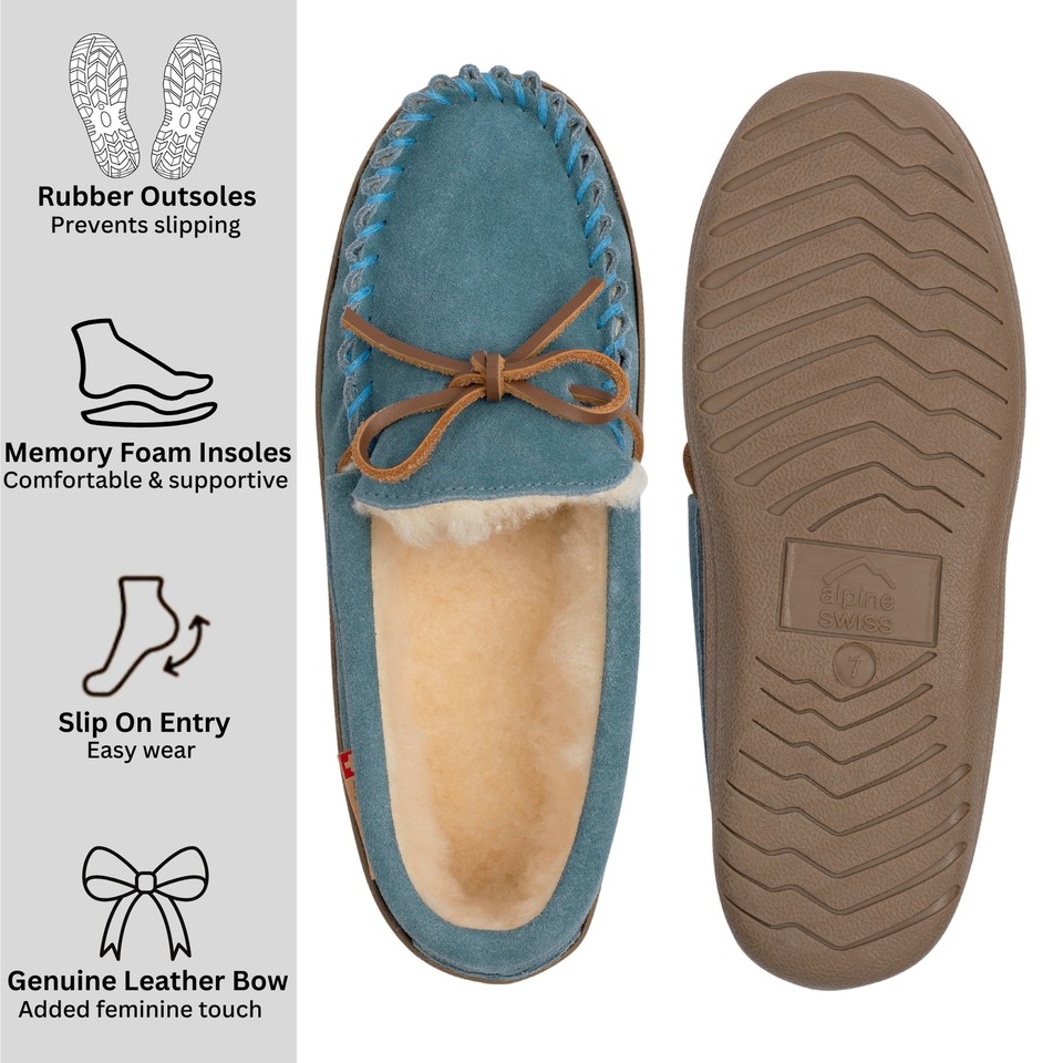 Alpine Swiss Sabine Womens Moccasin Slippers Genuine Suede House Shoe ...
