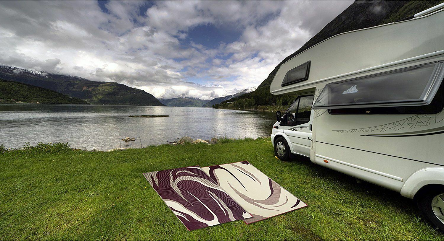Burgundy Tan Swirls Outdoor Patio Deck RV Mat 8 x 11 ft Reversible Rug ...