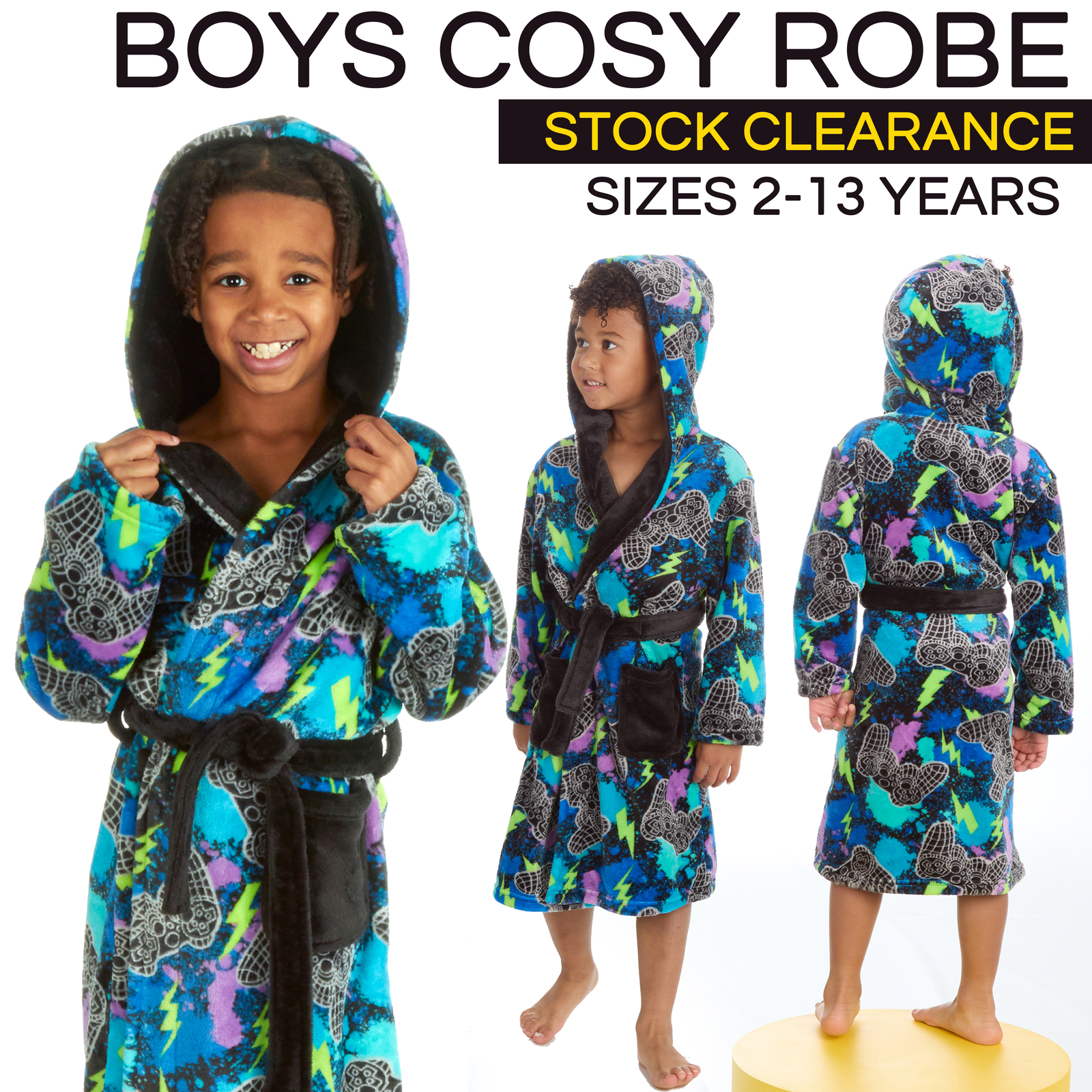Kids Boys Hooded Bathrobe Plush Fleece Gamer Dressing Gown Gaming Robe ...