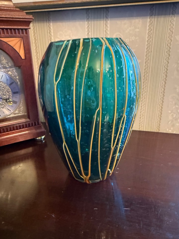 hand blown art glass green control bubble yellow stringing vase | eBay UK