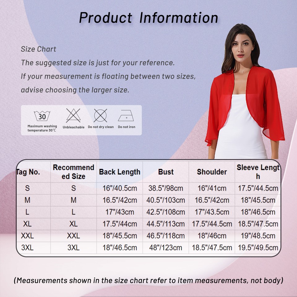Women Chiffon Solid Bolero Shrug Jackets Open Front 3/4Sleeve Cropped ...