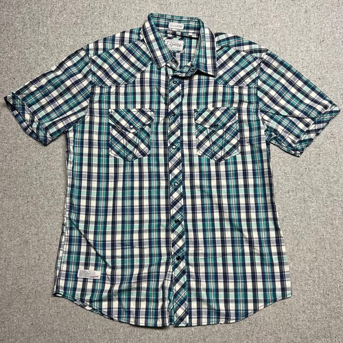7 Diamonds Shirt Mens Large Blue Green Vintage Pearl Snap S/S Button Up ...