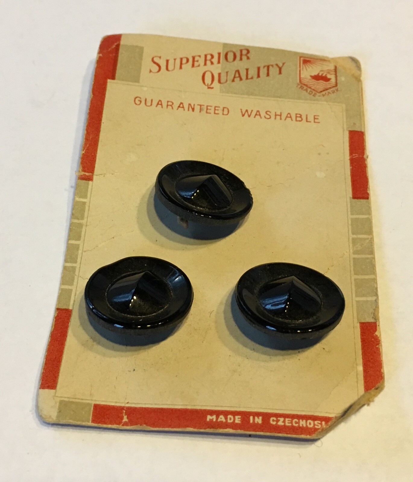 Vintage Superior Quality buttons on a card, Black-raised circle center ...