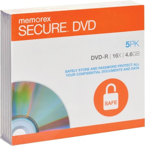 NEW Memorex 5PK Secure DVD-R Password Protected Encryption 16x 4.6GB ...