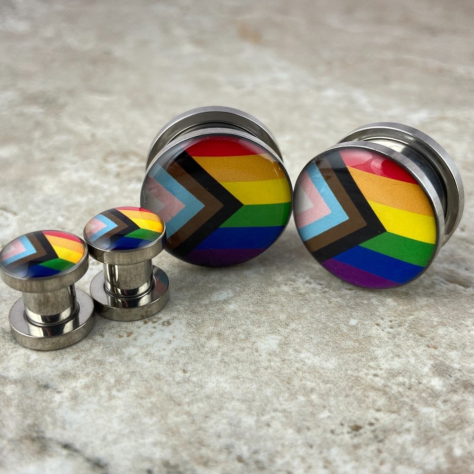Pair of Screw on Progress Pride Picture Plugs gauges lgbt rainbow | eBay
