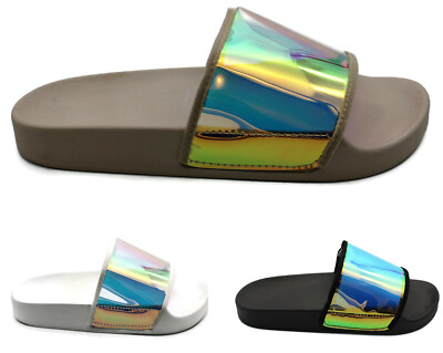New Womens Flat Sliders Shiny Comfy Sandals Holiday Slip On Mules ...