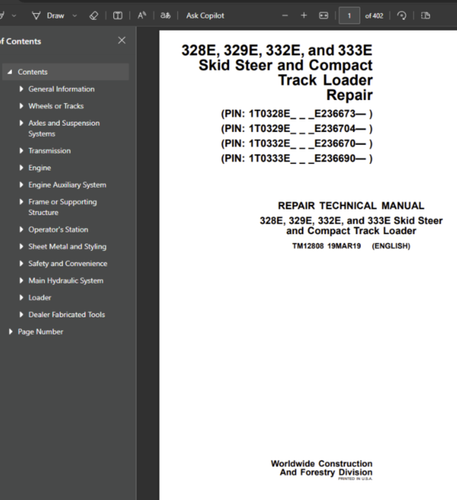328E 329E 332E 333E John Deere Skid Steer Manual Repair Service TM12808 ...