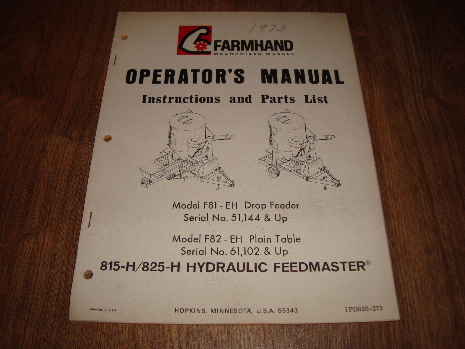 Farmhand Operator's Manual Parts List F81-EH F82-EH 815-H 825-H ...