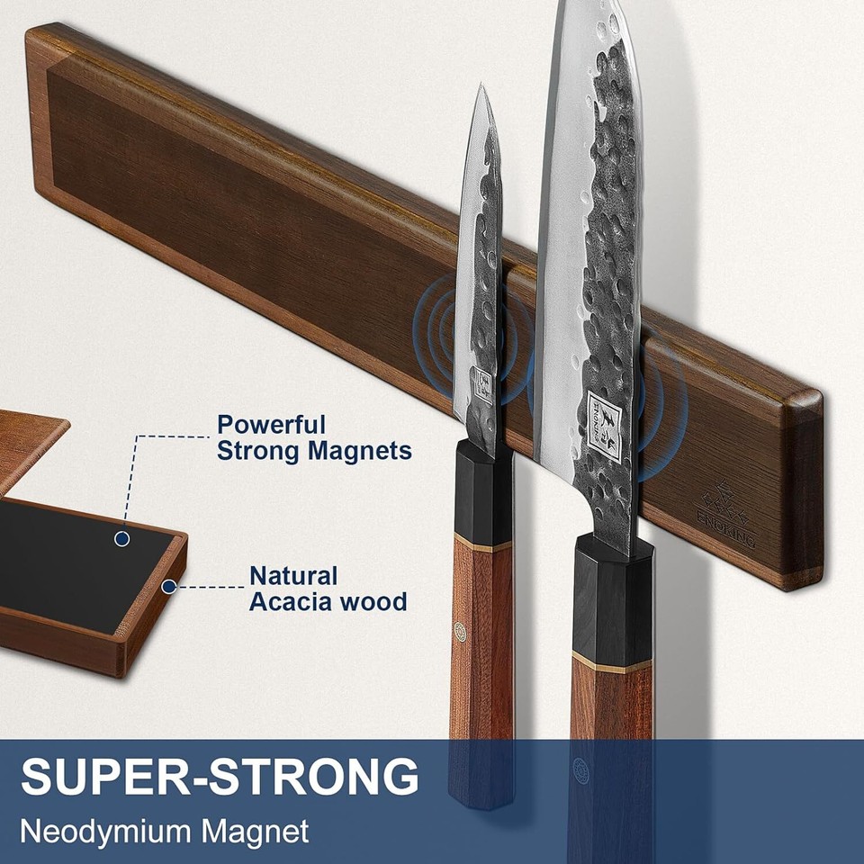 ENOKING Magnetic Knife Strip Acacia Wood Holder Rack Magnet Bar w/ 4 ...