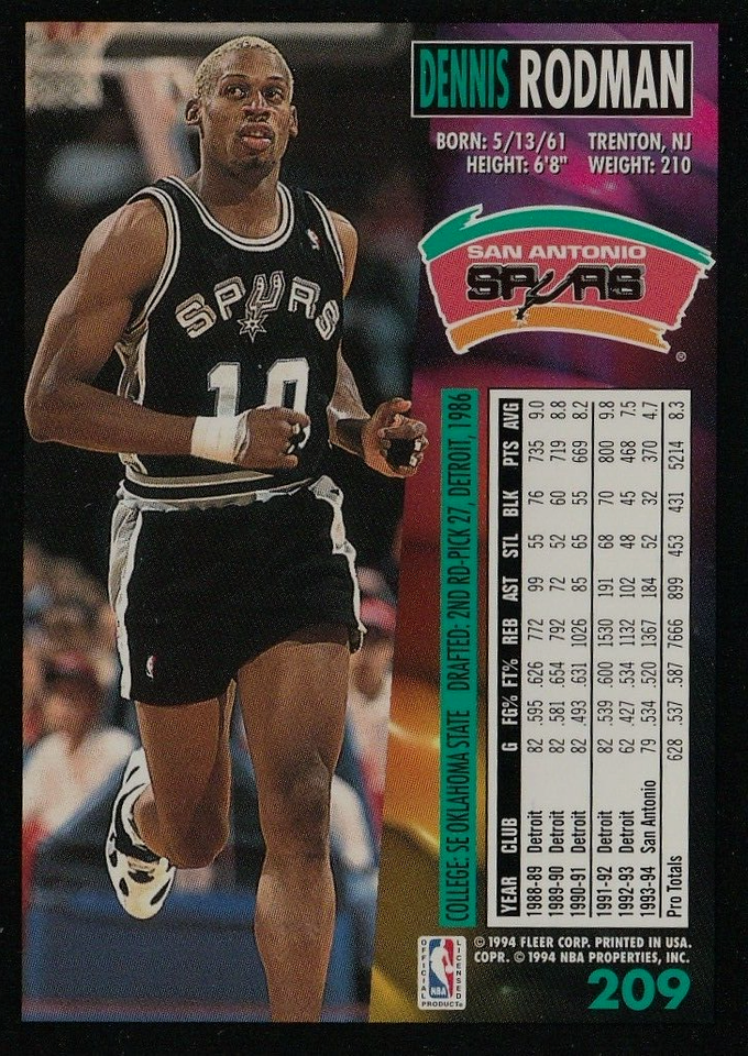 Dennis Rodman 94 Fleer #209 San Antonio Spurs NBA Basketball Card Free ...