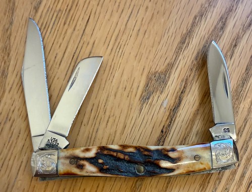 CASE BLUE SCROLL SCROLLED BOLSTER STAG STOCKMAN KNIFE NEVER USED #53131 ...