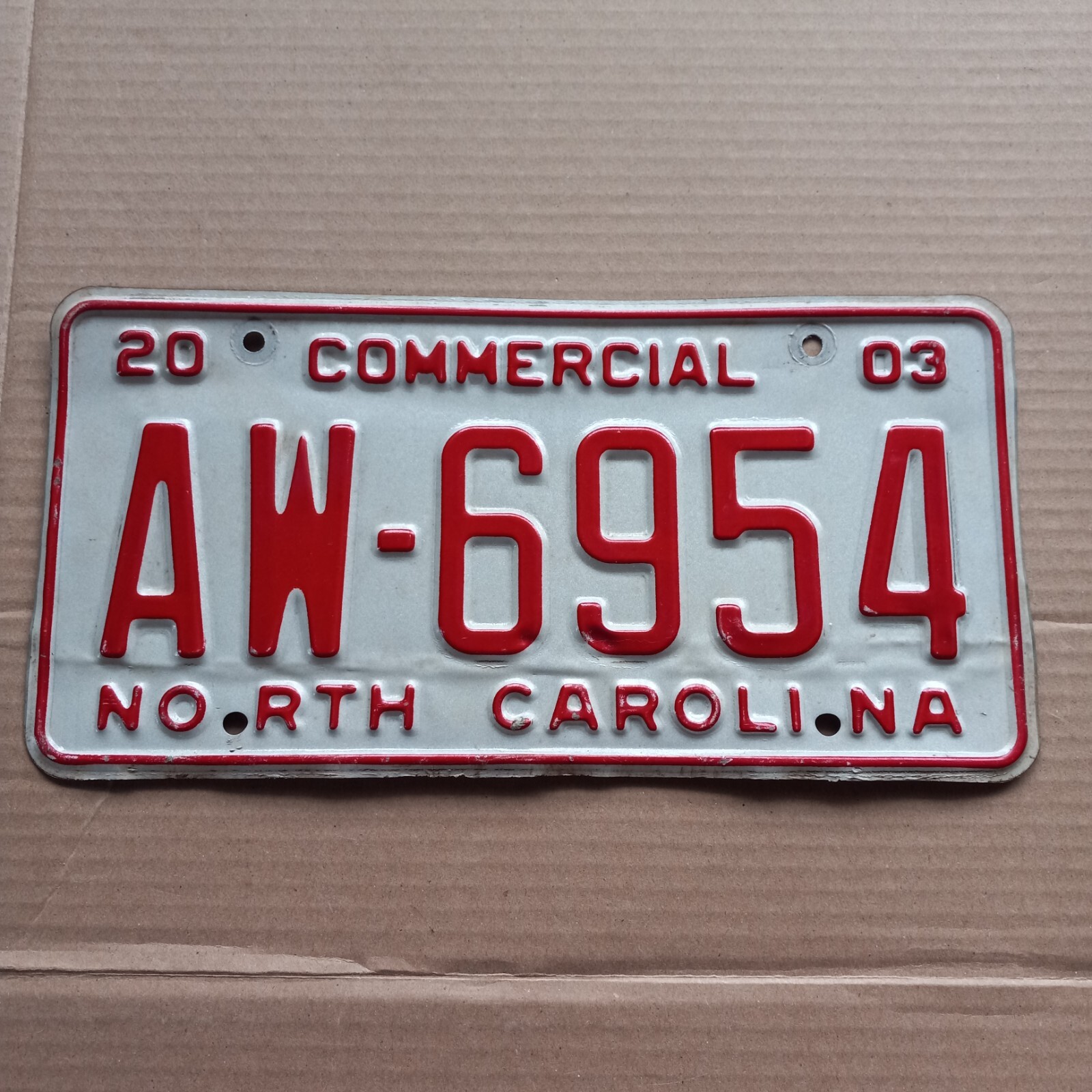 2003 North Carolina COMMERCIAL License Plate - "AW 6954" (red on white ...
