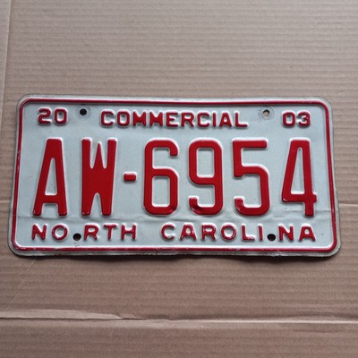 2003 North Carolina COMMERCIAL License Plate - "AW 6954" (red on white ...