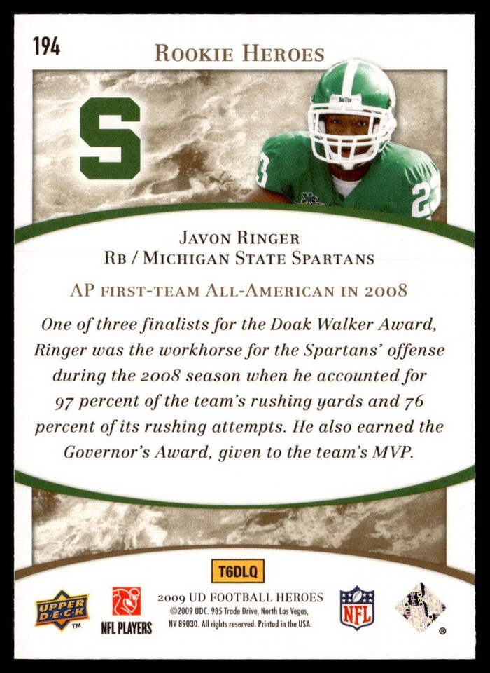 2009 Upper Deck Heroes Javon Ringer #194 Rookie RC Michigan State ...