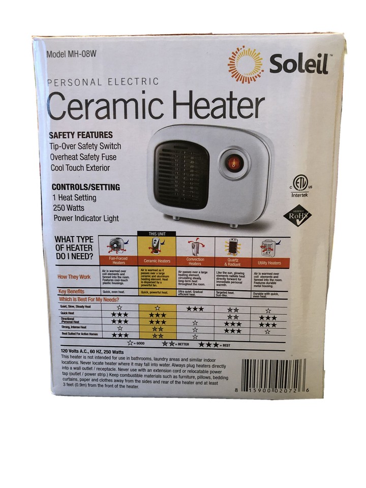 Soleil Personal Ceramic Mini Heater 250W Indoor White Desktop Model MH ...