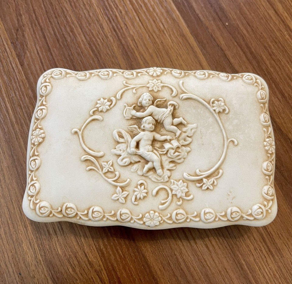 Vtg Lefton Bisque Porcelain Vanity Trinket Powder Box Raised Cherub ...