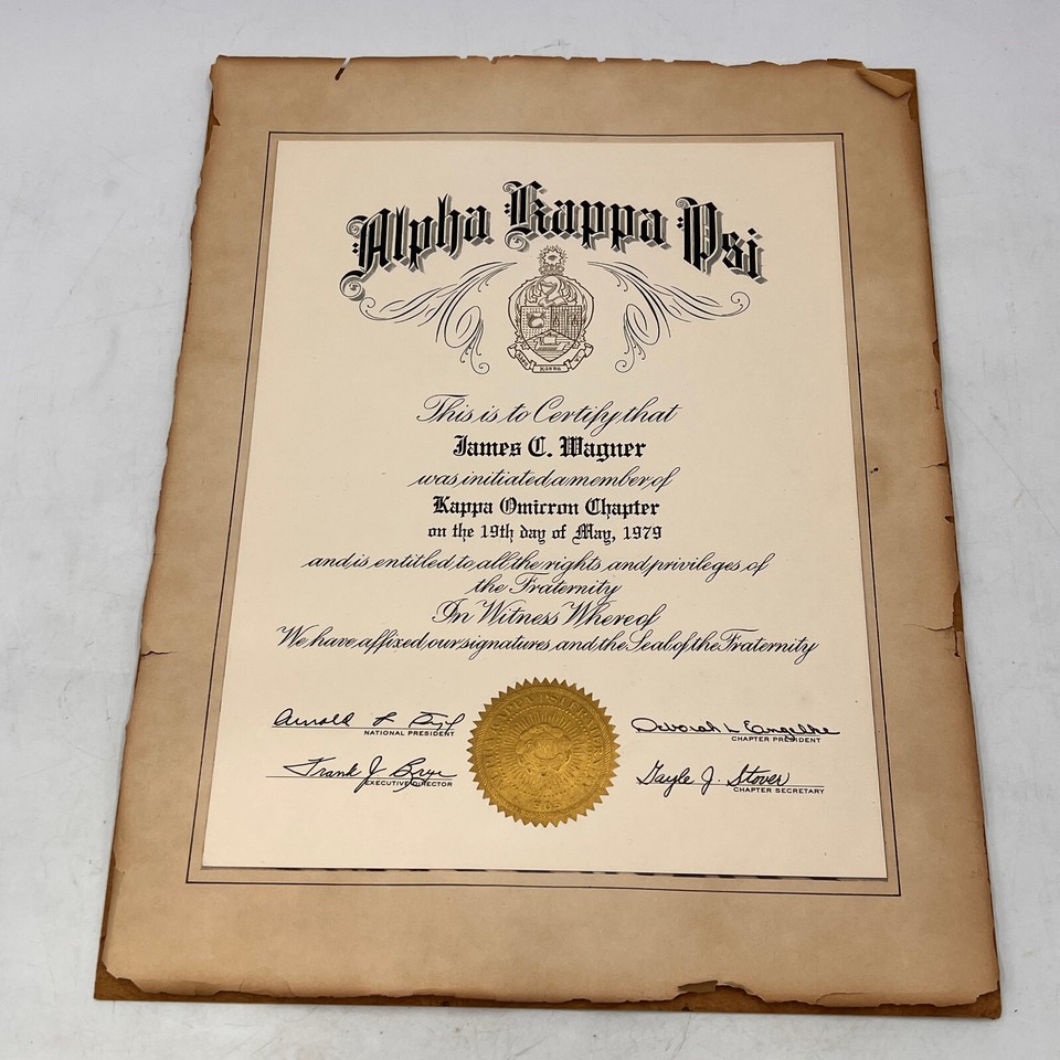 Vintage ALPHA KAPPA PSI Fraternity Membership Certificate Initiation ...